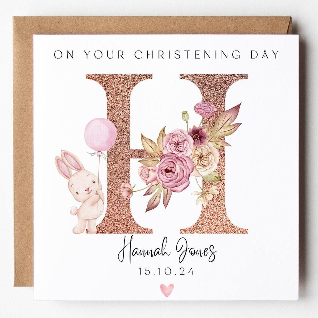 PRINTABLE Personalised Christening Card, Pink Rabbit, Glitter Name ...