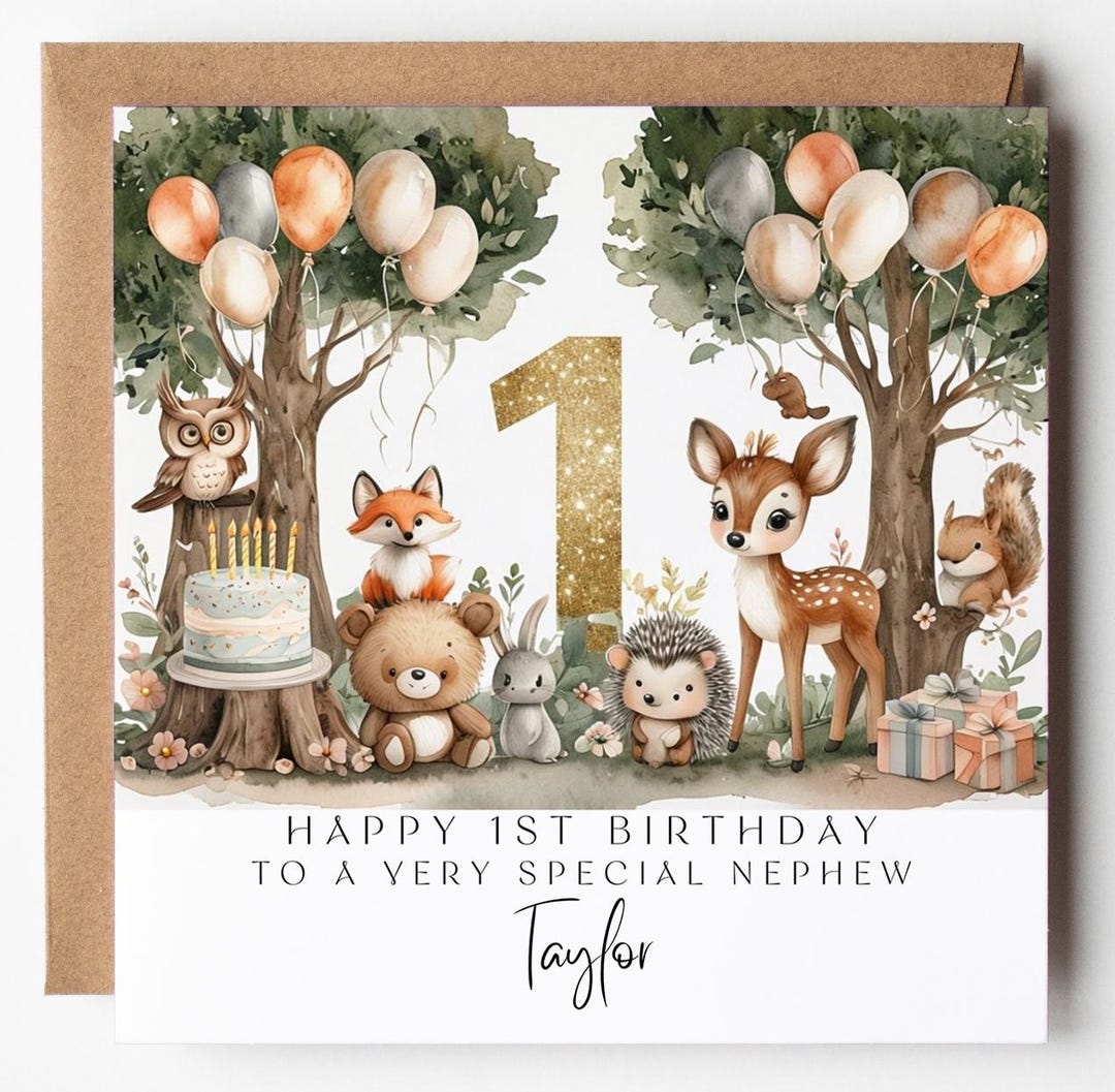 Woodland Animals 1st Birthday Card: Nephew One Today - Etsy