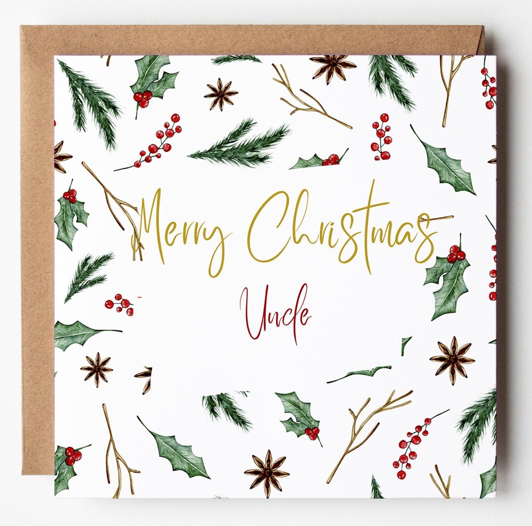 PRINTABLE Uncle Christmas Card, Personalised Card, Holly Leaves, Merry ...