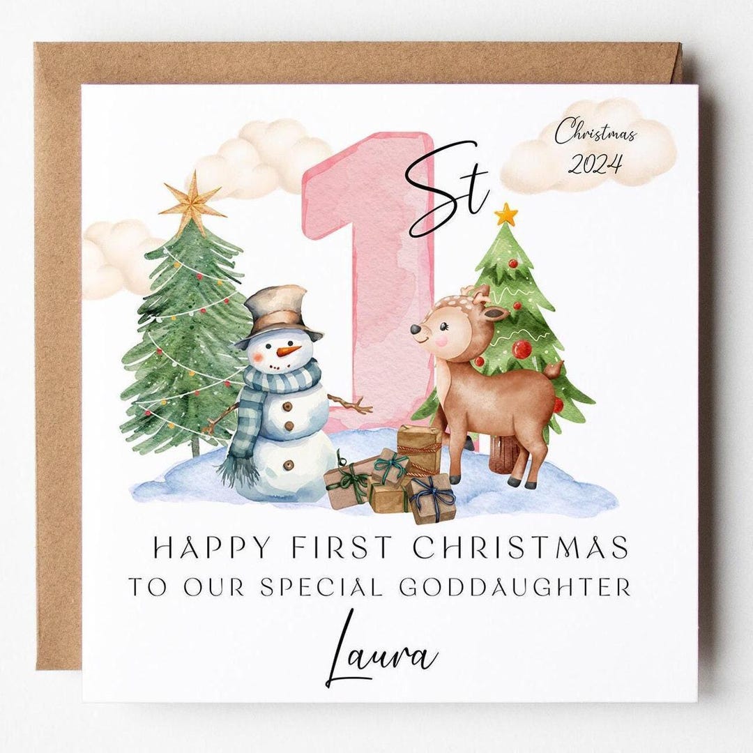 Personalized Goddaughter 1st Christmas Card: Snowman & Reindeer - Etsy