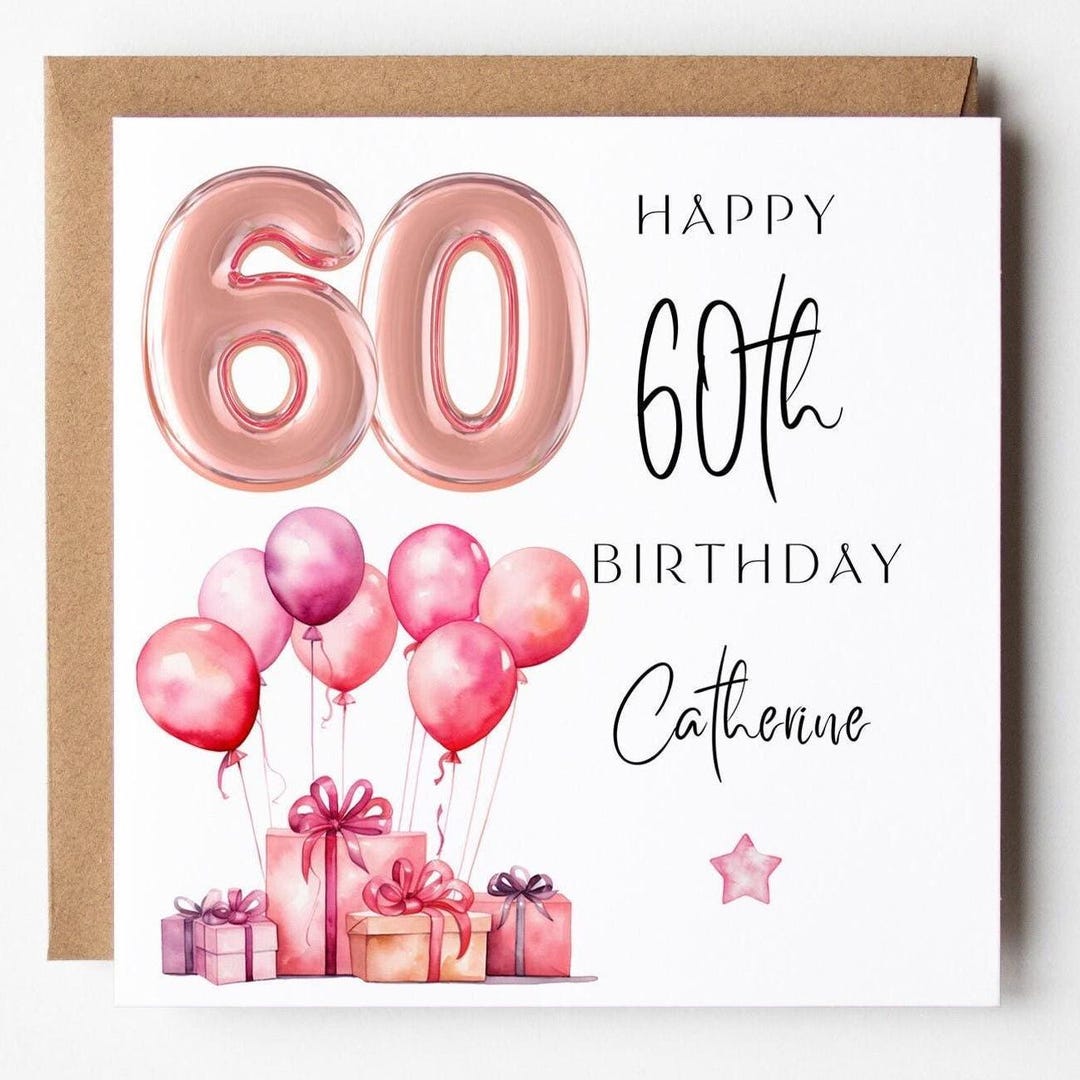 PRINTABLE Pink 60th Birthday Card, Pink Balloons & Presents ...