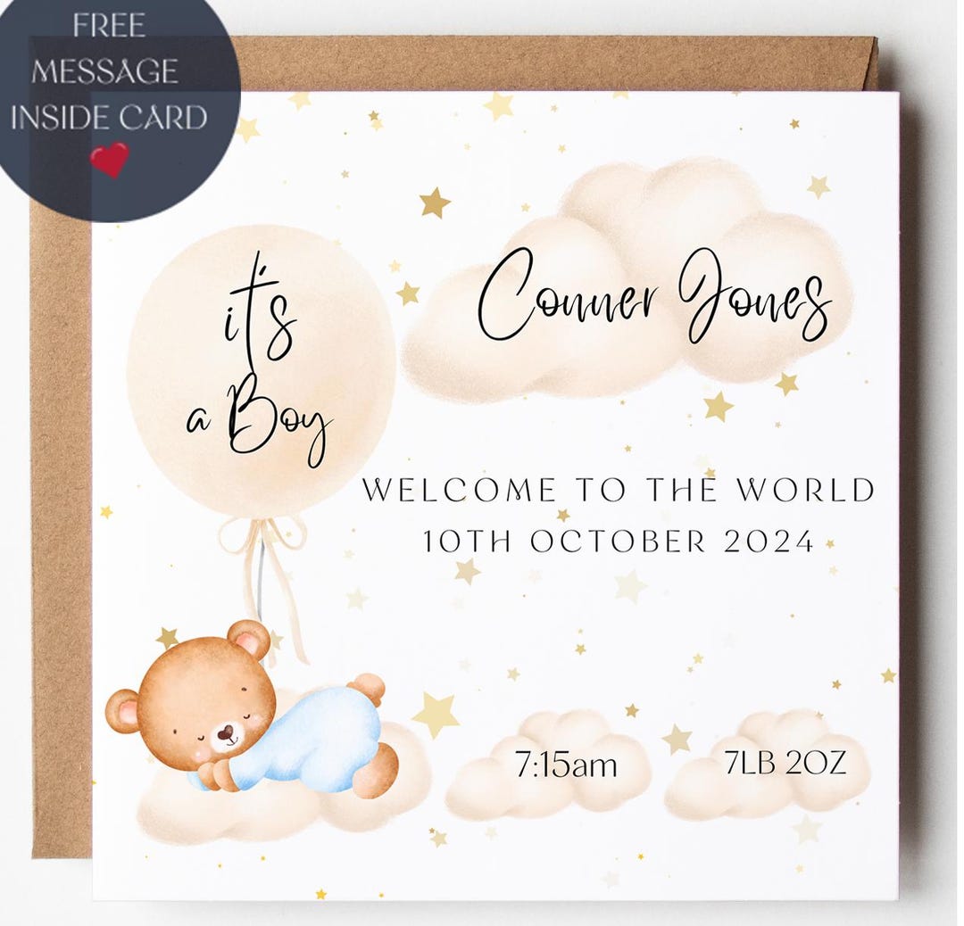 Personalised New Baby Boy Card, Blue Bear, Linen Card - Etsy