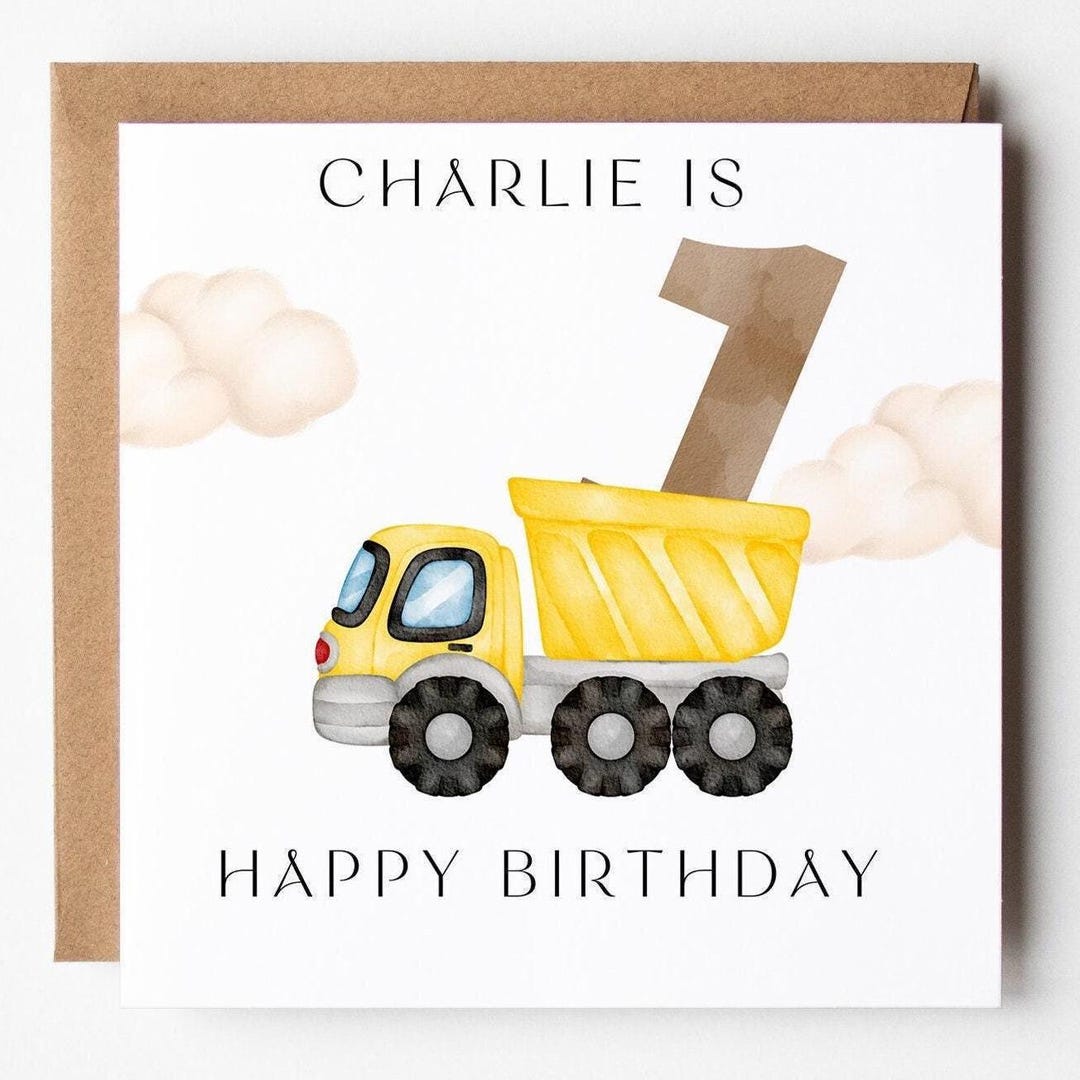 Personalized 1st Birthday Card: Yellow Digger Truck - Etsy