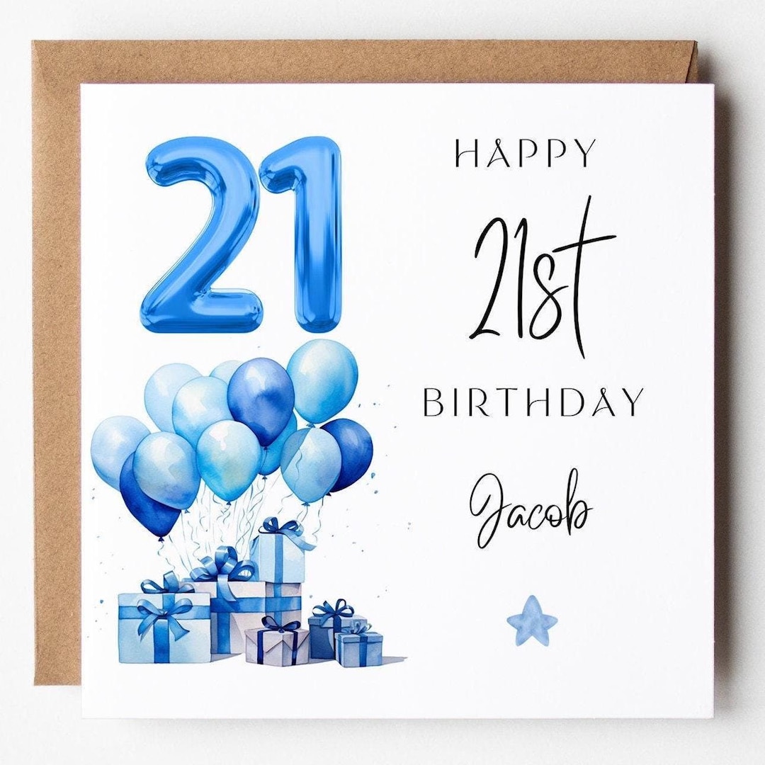 PRINTABLE Blue 21st Birthday Card, Blue Balloons & Presents ...