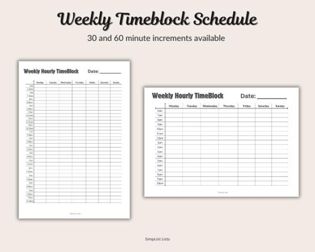 Weekly Timeblock Planner Printable - 2 Versions (30-min & 60-min ...
