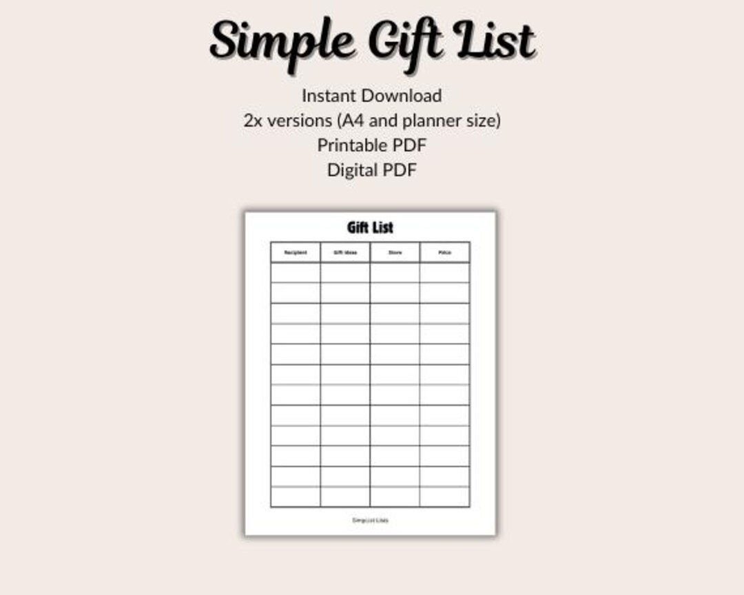 Simple Gift List Planner | Gift Tracker | Gift Shopping List | A4 and ...
