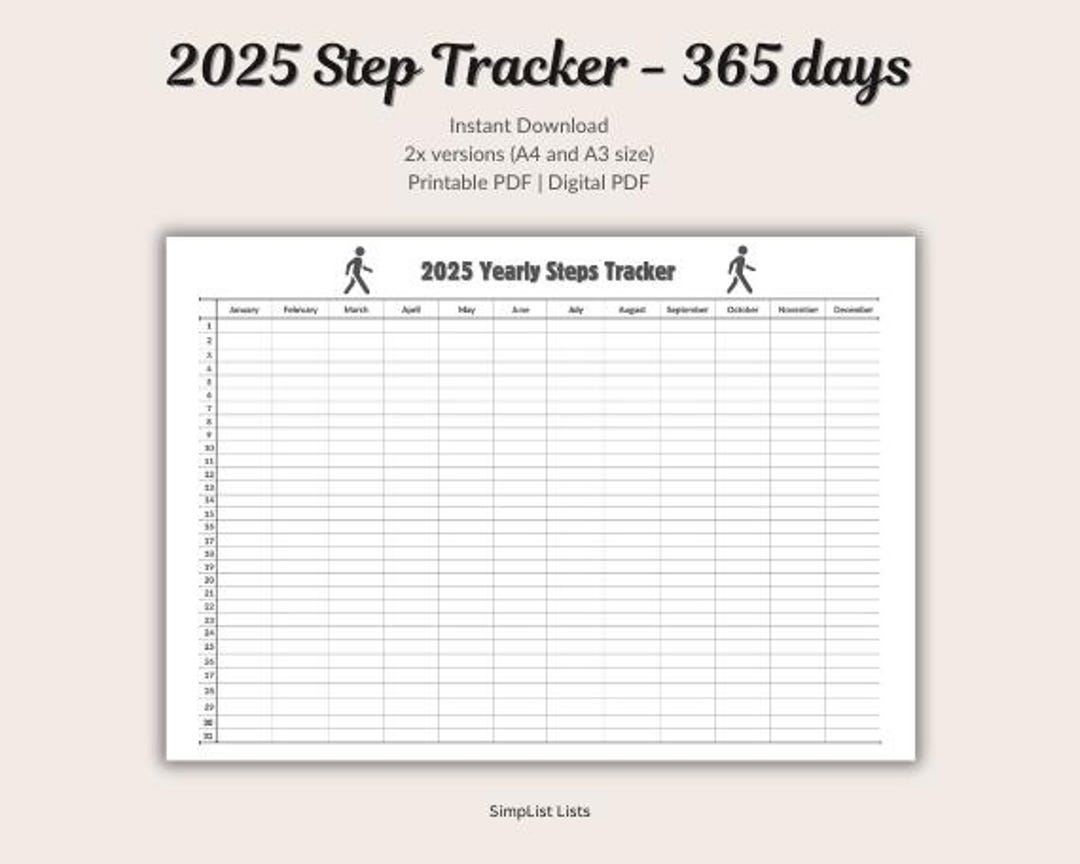 2025 Step Tracker Printable - 365 Day Fitness Step Log for A4 & A3 ...