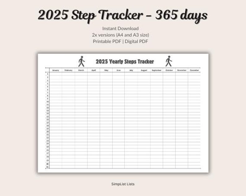 2025 Step Tracker Printable - 365 Day Fitness Step Log for A4 & A3 ...
