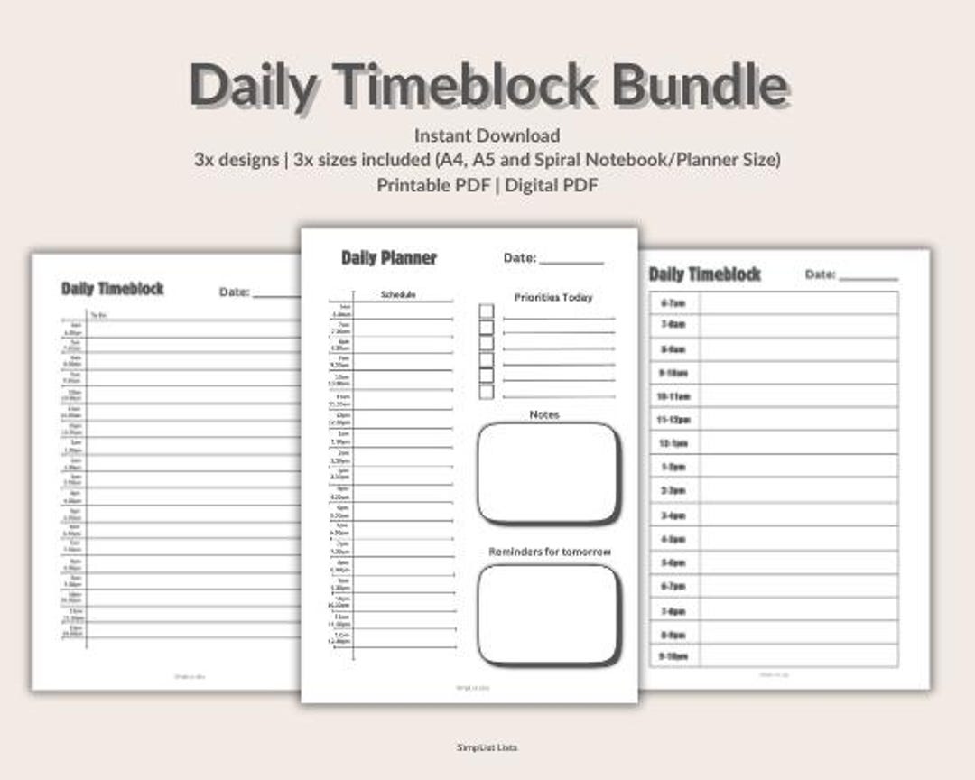 Simple Printable Daily Timeblock Planner Bundle in 3 Sizes (A4, A5 ...