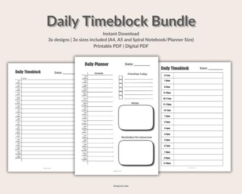 Printable Daily Timeblock Planner Bundle: A4, A5, Planner Sizes ...