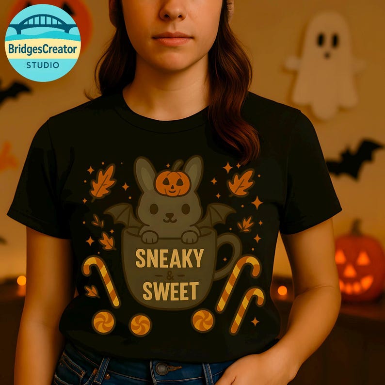Sneaky & Sweet – Cute Halloween Bat Bunny Shirt PNG, Kawaii Animal Fall ...