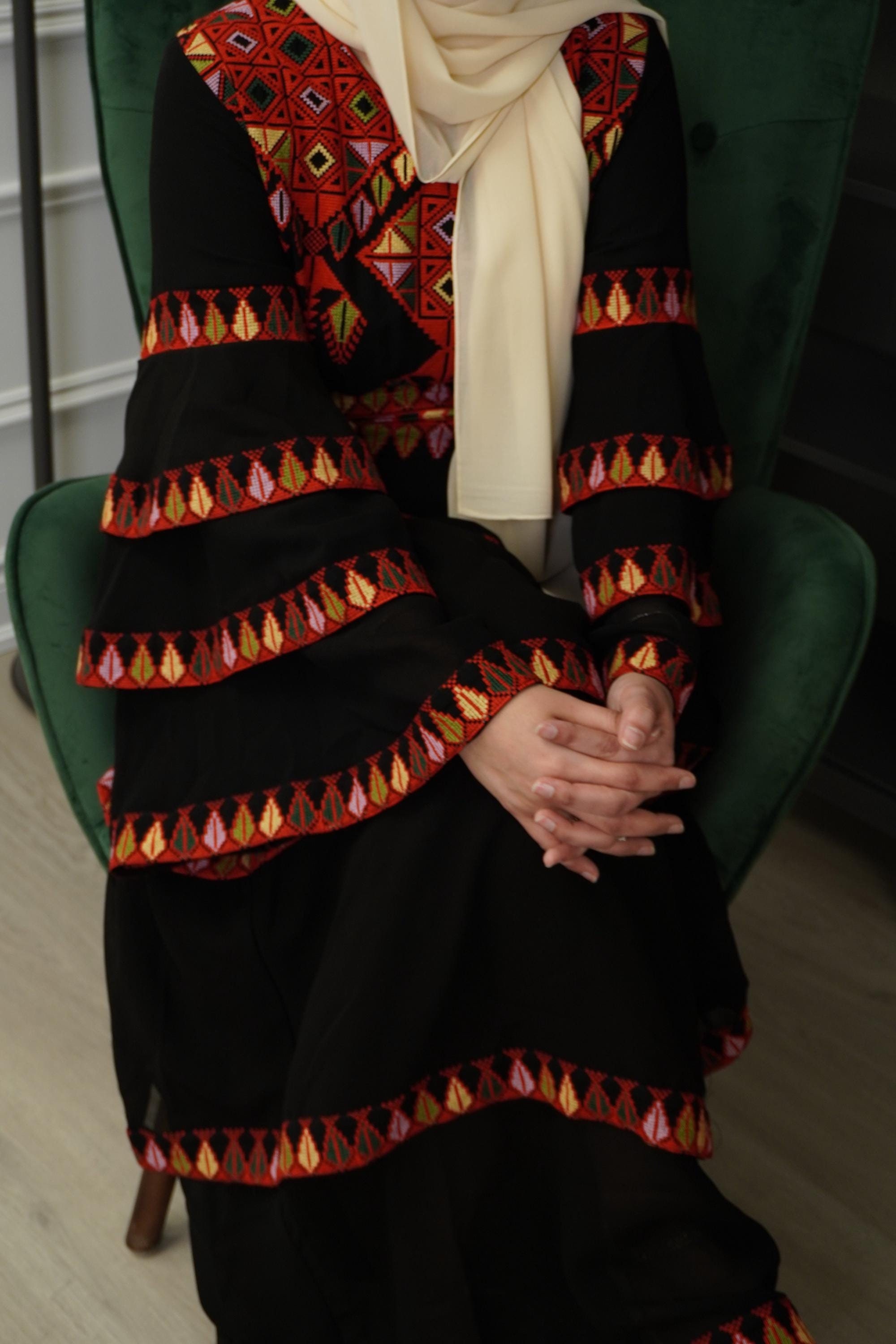 The Modern Red Tatreez Embroidered Layered Ruffles Palestinian Thobe - Etsy