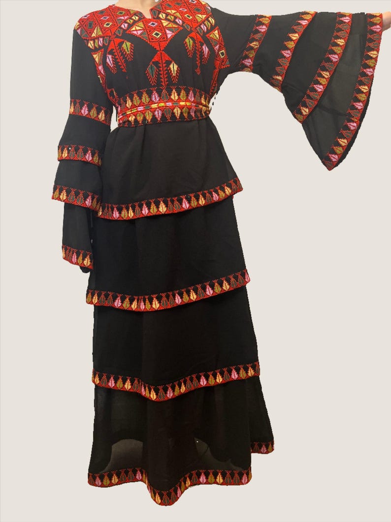 The Modern Red Tatreez Embroidered Layered Ruffles Palestinian Thobe - Etsy