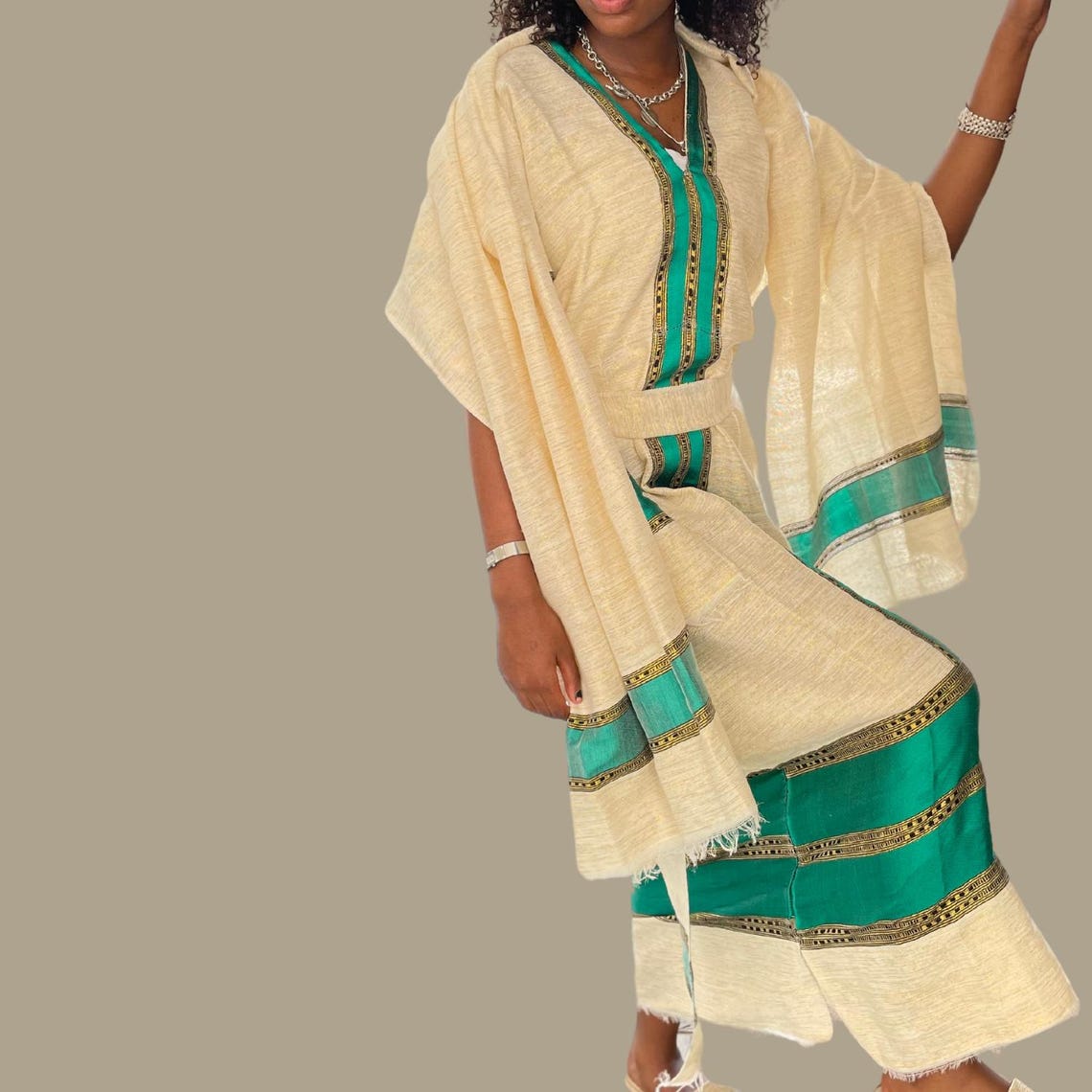 Handwoven Ethiopian Coffee Dress With Netela Scarf Classic Habesha ...