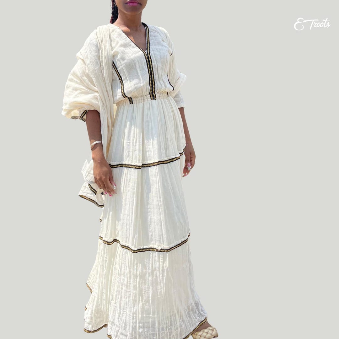 Traditional Habesha Cotton Dress With Full Netela Scarf: Habesha Kemis ...