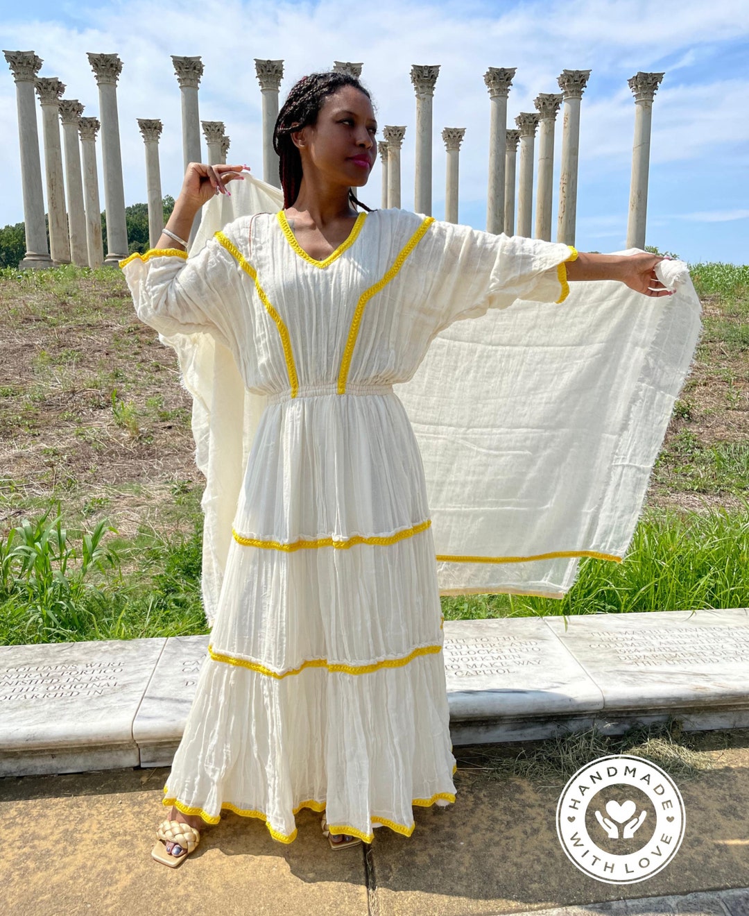 Simple Ethiopian Dress Matching Netela Scarf Shaw Handwoven Habesha ...