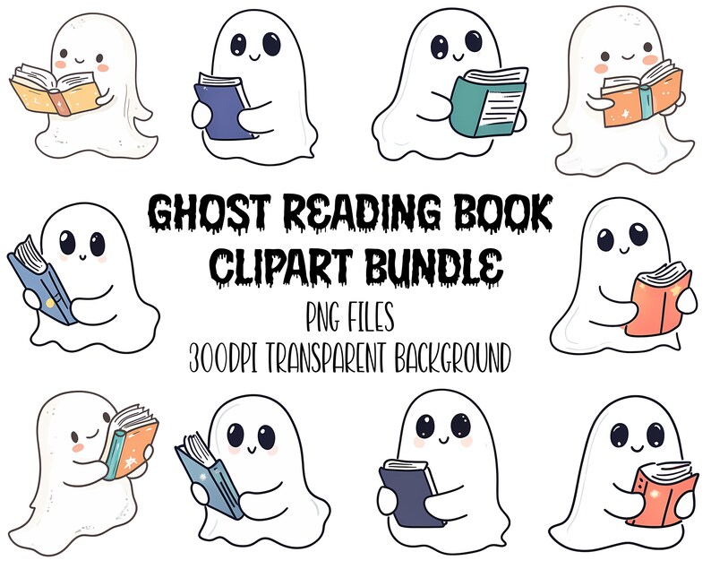 Ghost Reading Book Clipart Bundle, Teacher Halloween Ghost Png, Spooky ...