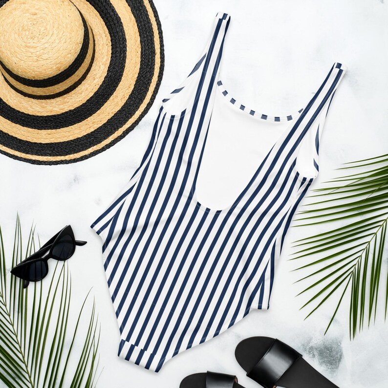 Nautical Marine One Piece Swimsuit Retro Vintage Navy Stripes Bathing ...