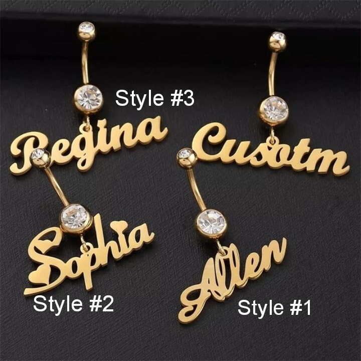 Custom Belly Ring, Navel Piercing Bar, Personalized Name, Dangling Zircon for Woman Body Jewelry ...