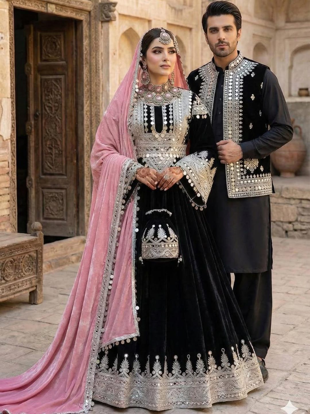 Afghan Couple Set: Velvet Maxi Dress & Wasket, Mirror Charm Work - Etsy