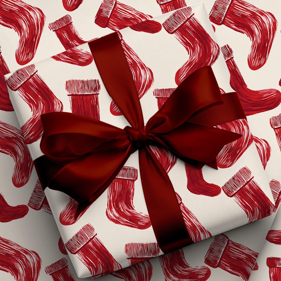 Classic Christmas Wrapping Paper Roll Red and Cream Stockings ...