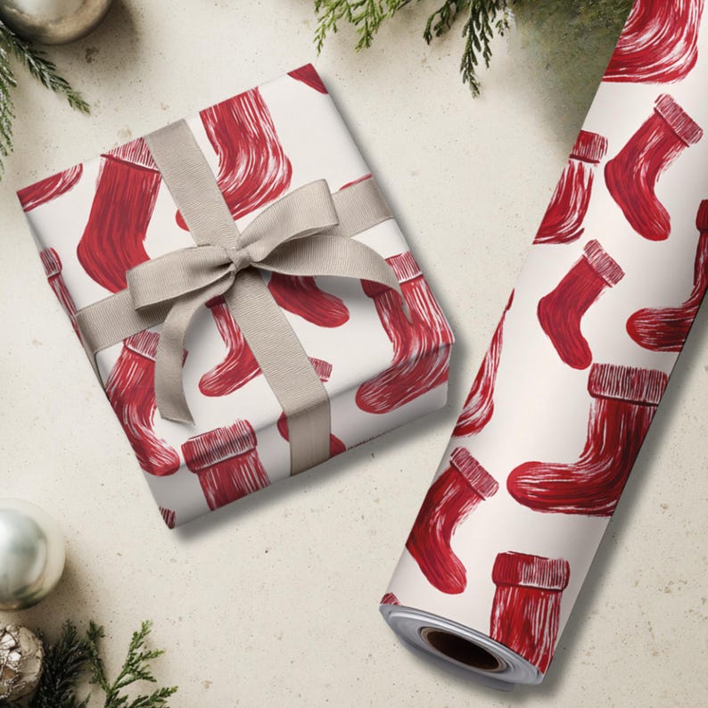Classic Christmas Wrapping Paper Roll Red and Cream Stockings ...