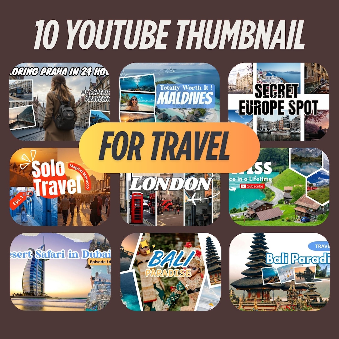 10 Youtube Thumbnail Template for Travel, DIY Editable Canva Template ...