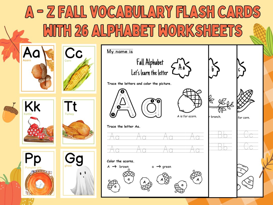 Fall A Z, Fall Alphabet 26 Flash Cards With 26 Alphabet Worksheets ...