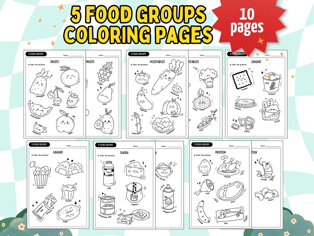 Five Food Groups Coloring Pages Fruits, Vegetables, Grains, Dairy ...