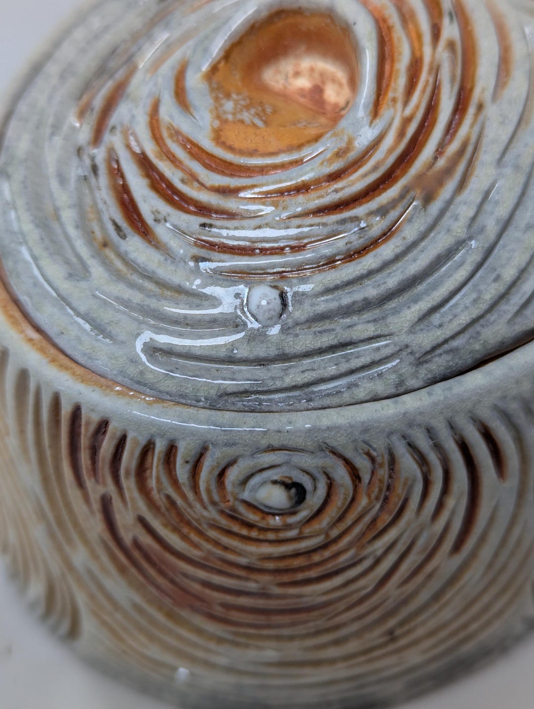Soda Fired Oval Ceramic Jar – Carved Spiral Texture and Ash Glaze - Etsy
