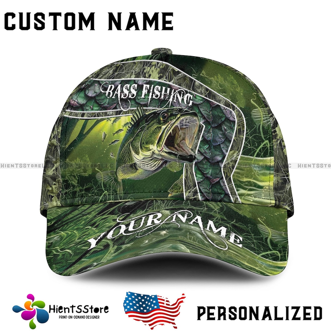 Custom Name Bass Fishing Hat for Men – Personalized Name Green Camo Cap ...