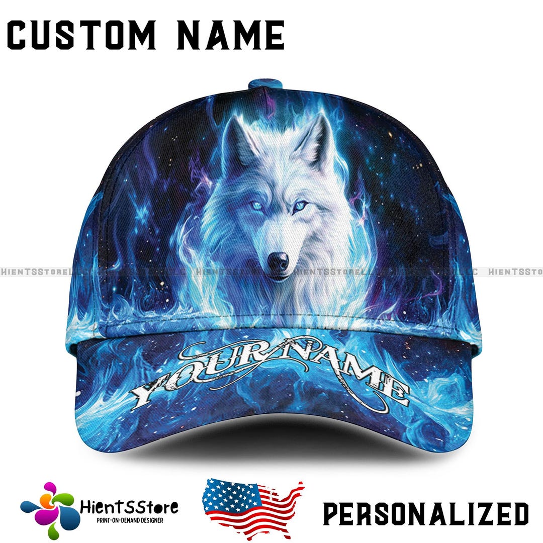 Custom Name Wolf Baseball Cap Personalized Name Hat for Men Tribal Blue ...