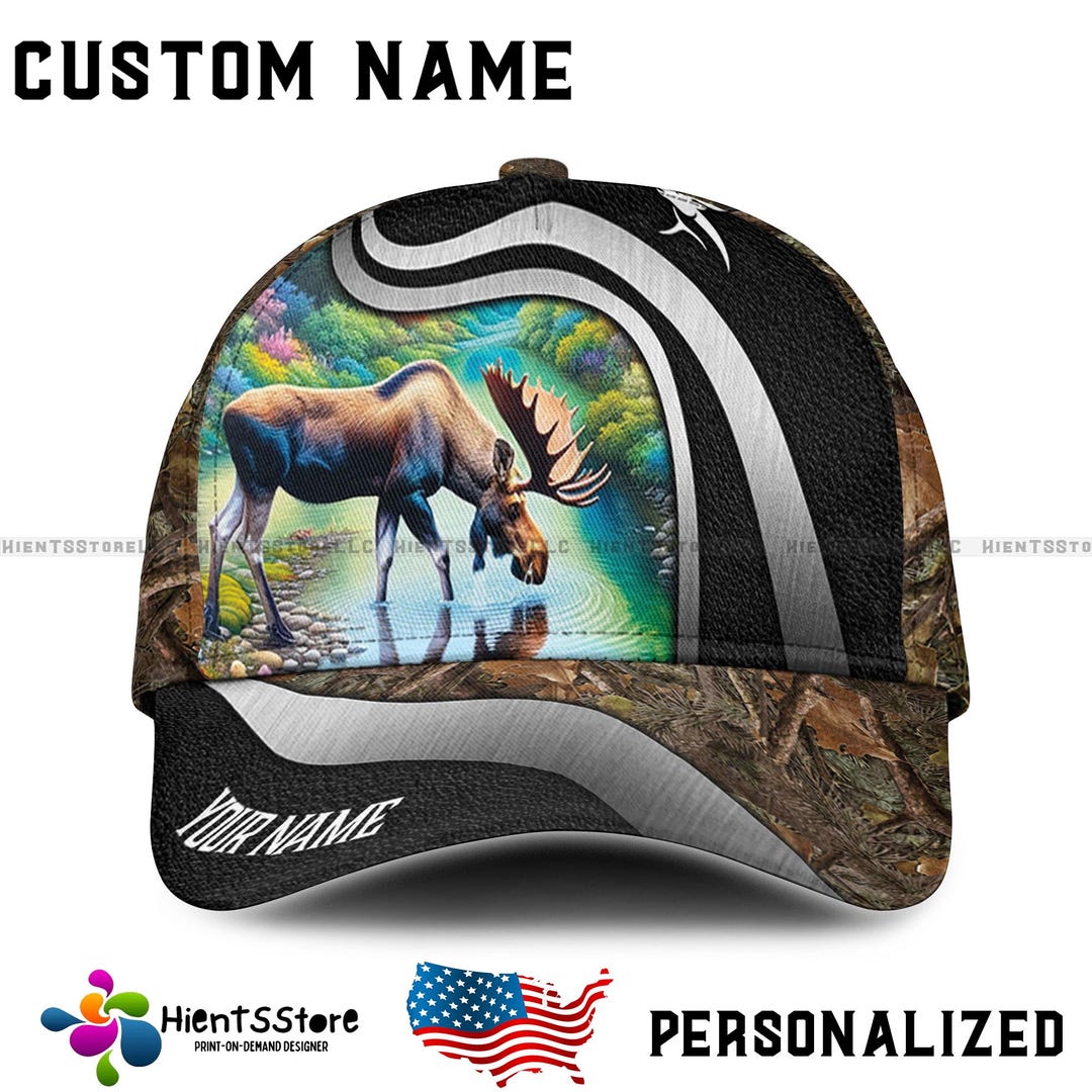 Custom Name Moose Hunting Hat With Name – 3D Forest Lake Scene Camo Cap ...