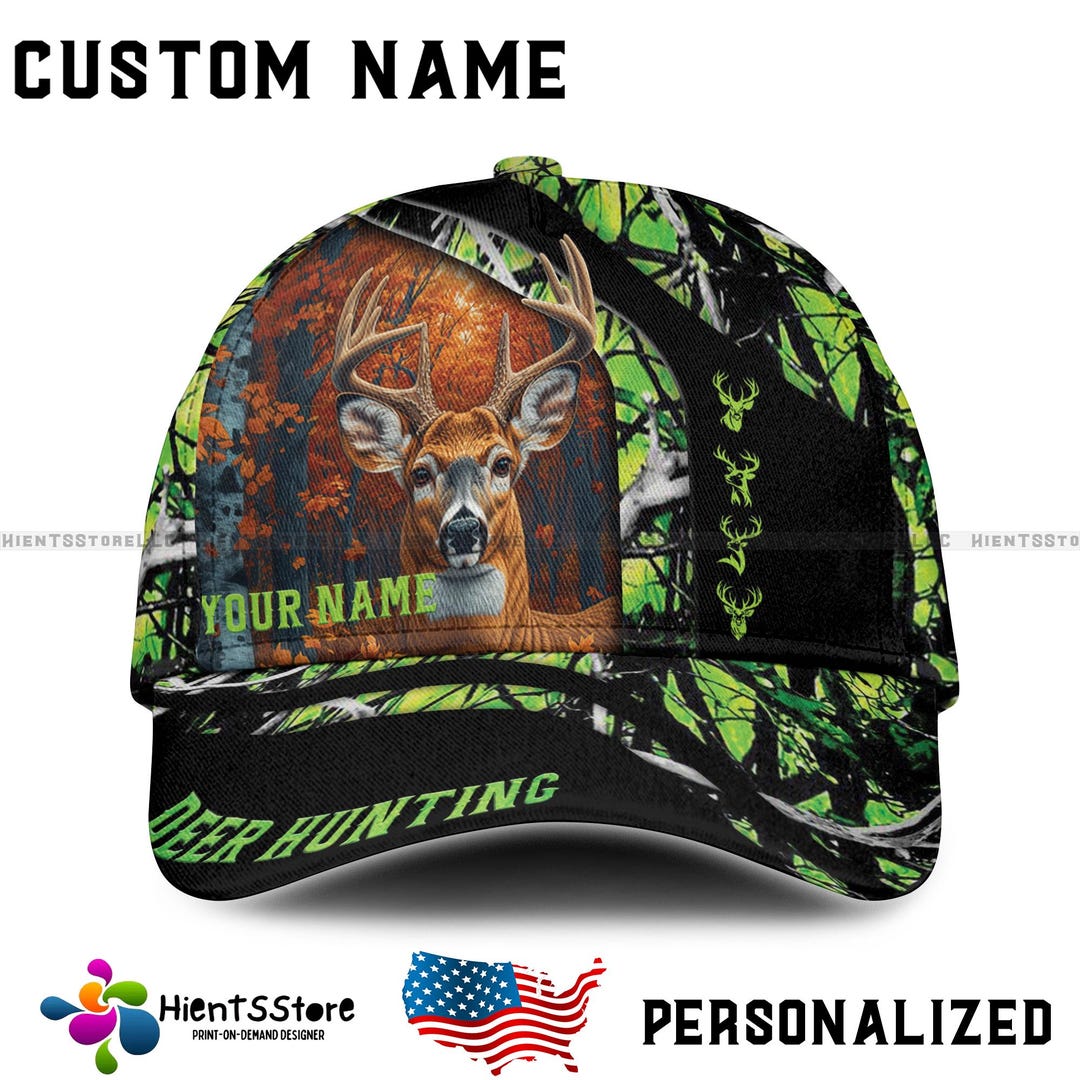 Custom Name Green Camo Deer Hunting Hat, Personalized Name Buck Cap ...