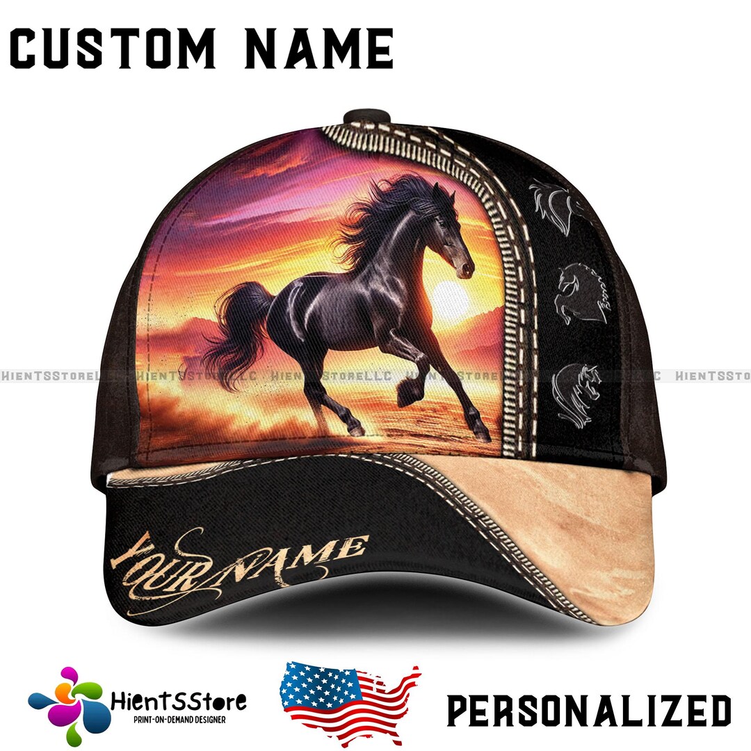 Custom Name Black Horse Sunset Cap, Custom Name Cowboy Hat, Western ...