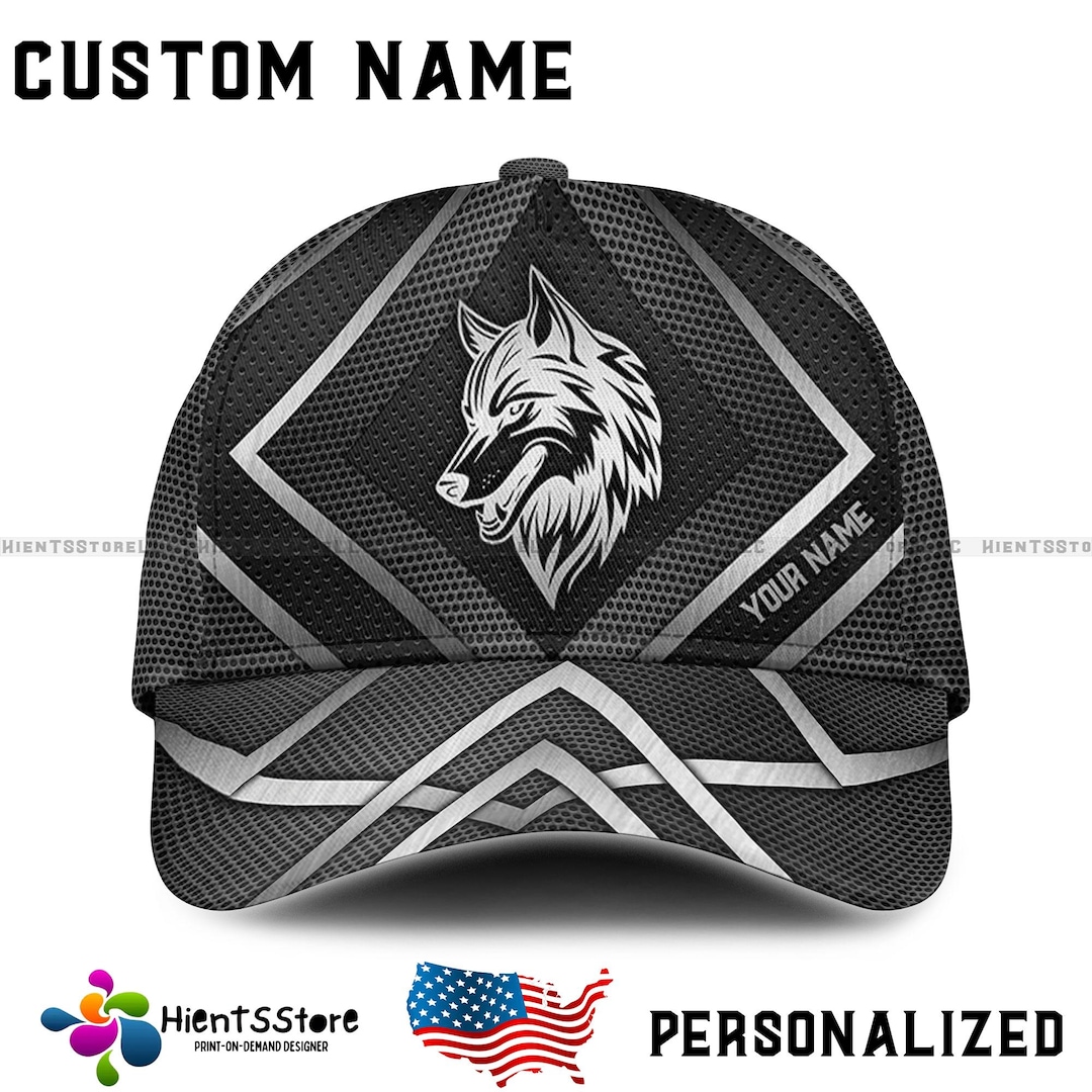 Custom Name Black Wolf Hat for Men, Personalized Silver Geometric Cap ...