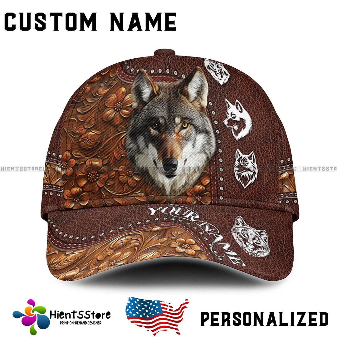Custom Name Wolf Baseball Cap for Men, Floral Leather Print Hat ...