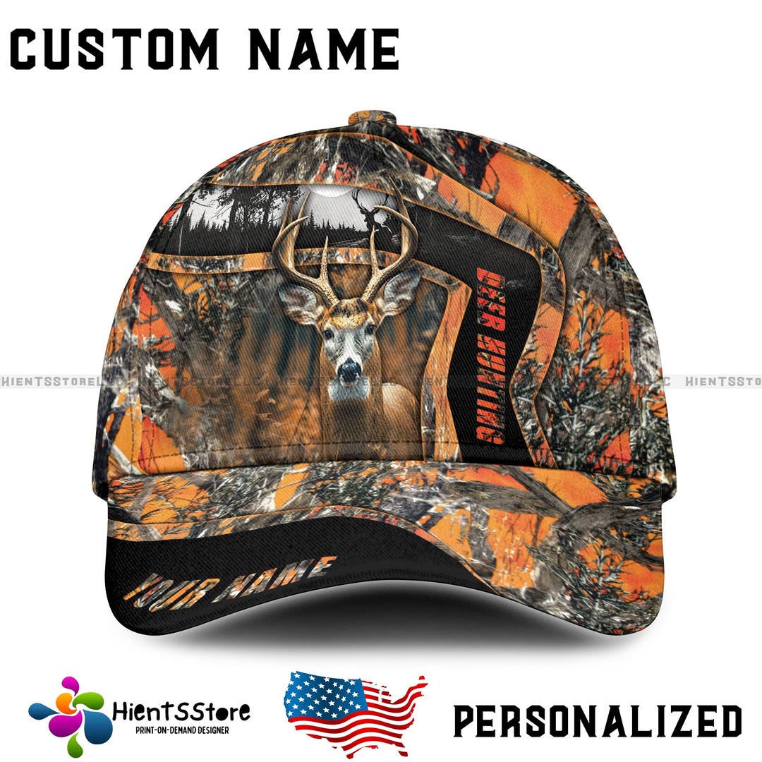 Custom Name Deer Hunting Baseball Cap With Buck Antlers, Camo American ...