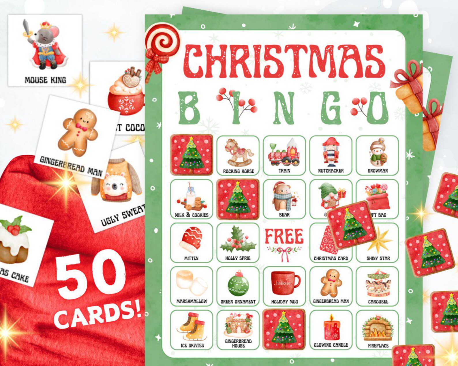 Christmas Bingo for Kids & Family Fun, Printable Christmas Game, 50 ...