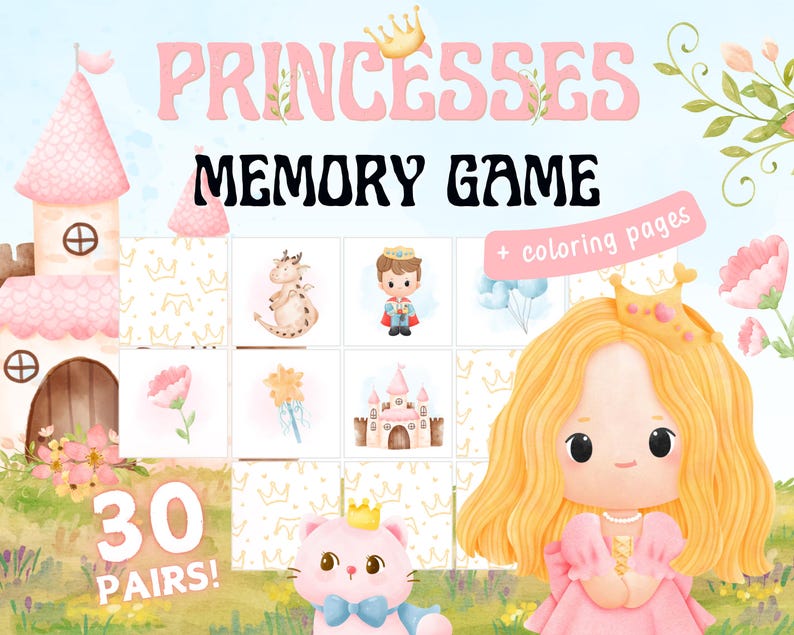 Printable Princess Memory Game & Coloring Pages, Fairy Tale Activity ...