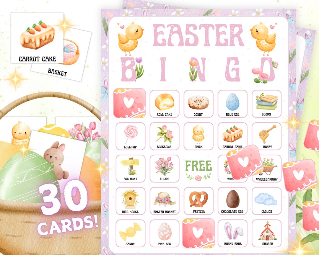 Easter Bingo, 30 Printable Easter Cards, Easter Party Game for Kids ...
