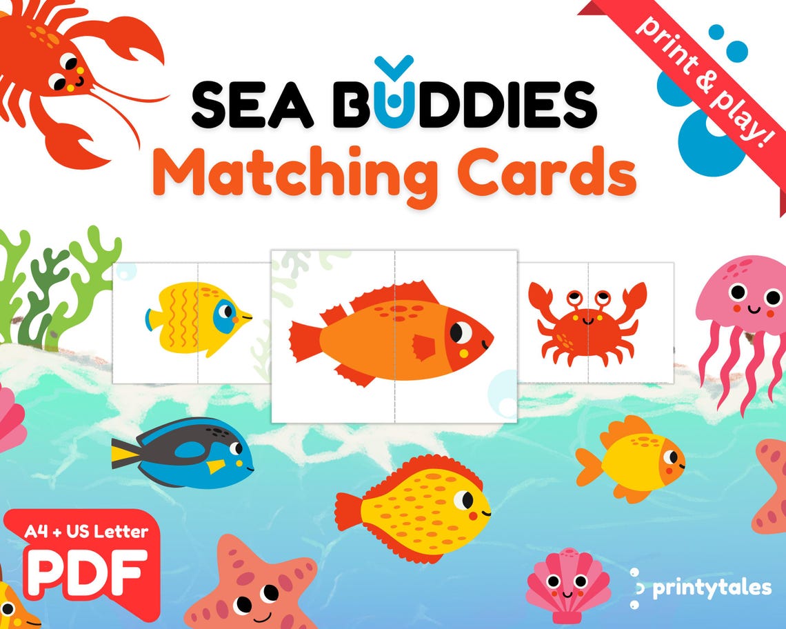 Sea & Ocean Animals Matching Cards, Printable Matching Game for ...