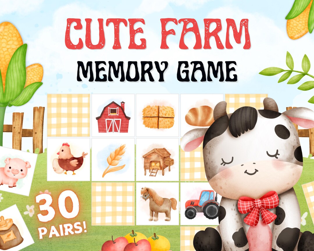 Farm Memory Game for Kids & Family Fun, Printable Matching Cards, Farm ...