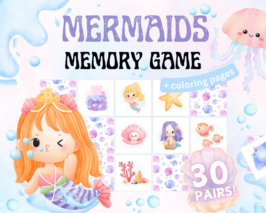 Printable Mermaid Memory Game & Coloring Pages, Pairs Matching Activity ...