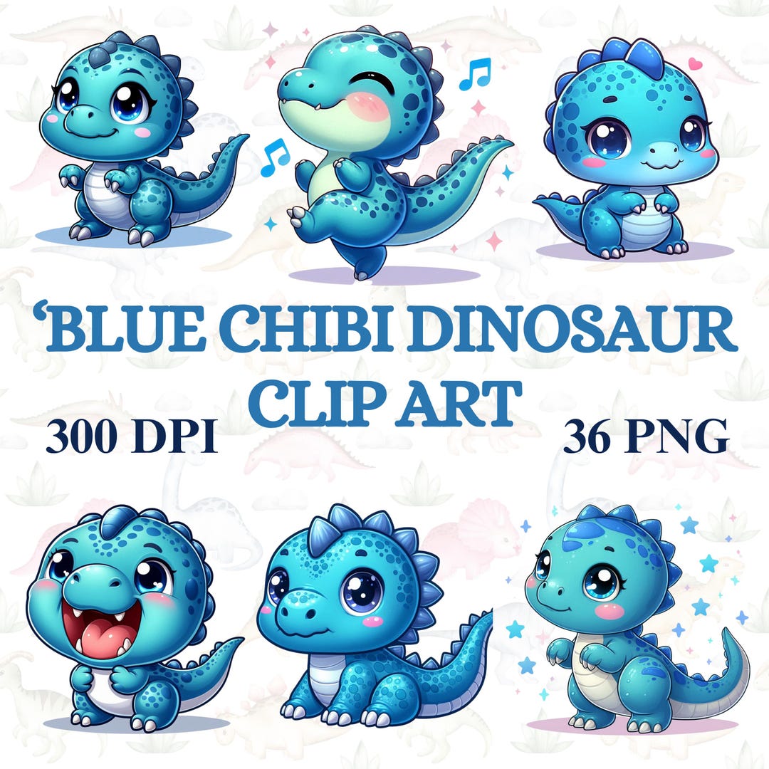 Adorable Blue Chibi Dinosaur Clip Art - Instant Download for ...