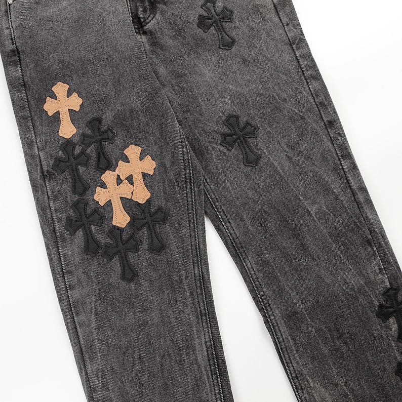 Chrome Hearts-inspired High Rise Jeans Vintage Men's Denim With Cross Patches, Premium ...