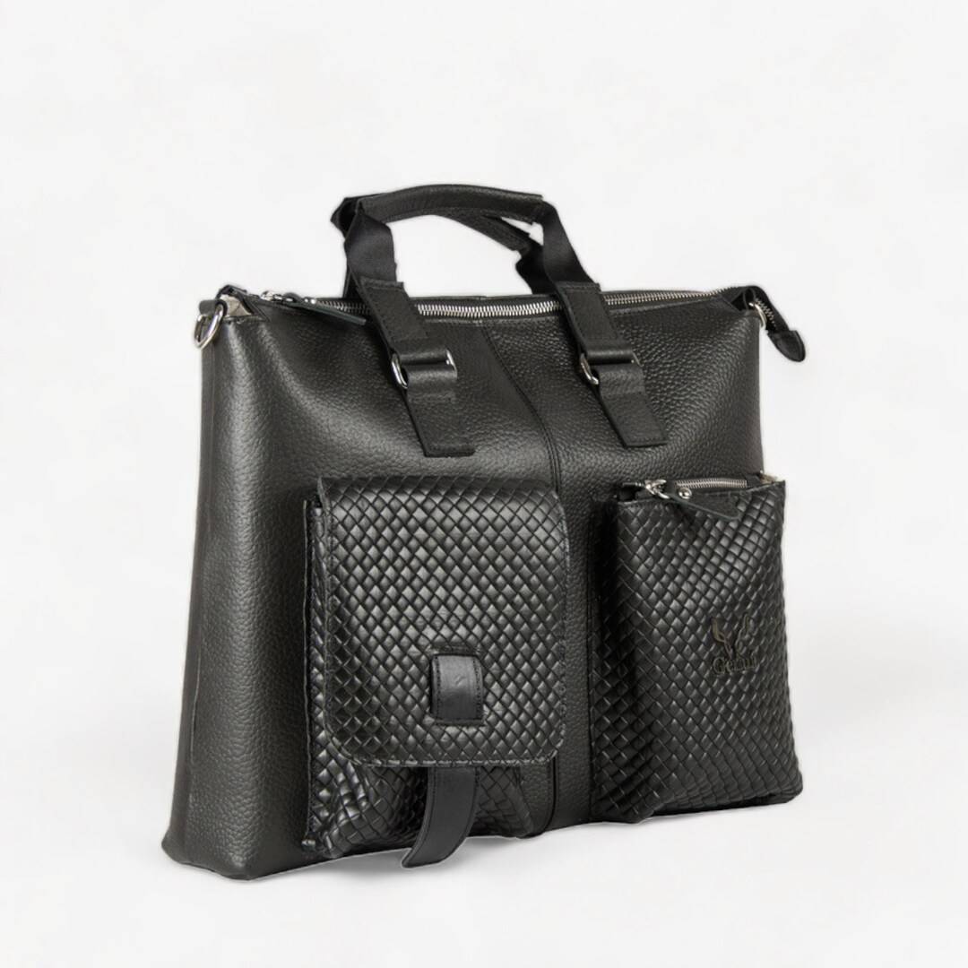 Genuine Leather Briefcase in Black With Exterior Pockets and Zipper ...