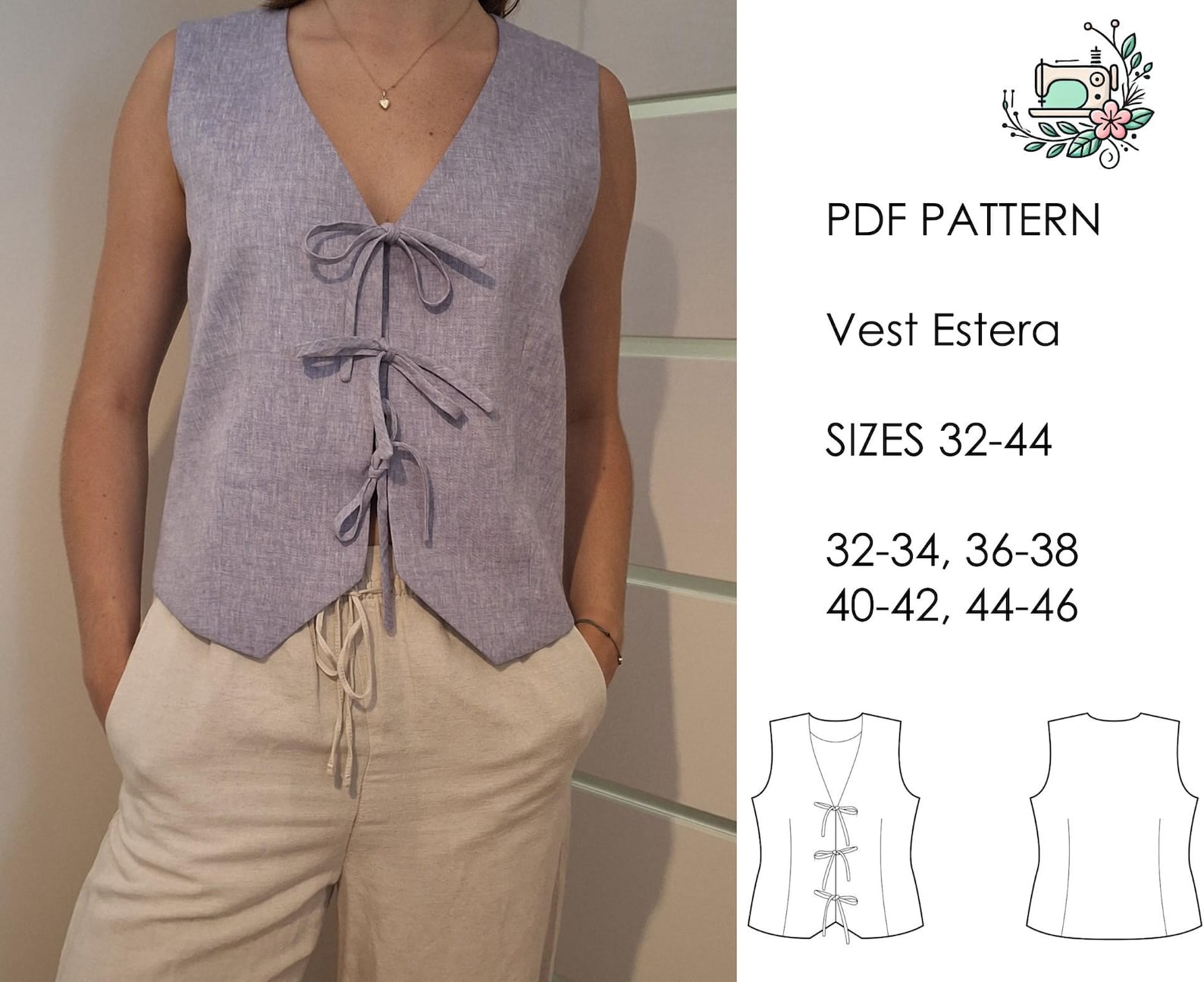 VEST PDF Sewing Pattern/pdf Vest Pattern Sewing/tie Top Pattern Sewing ...