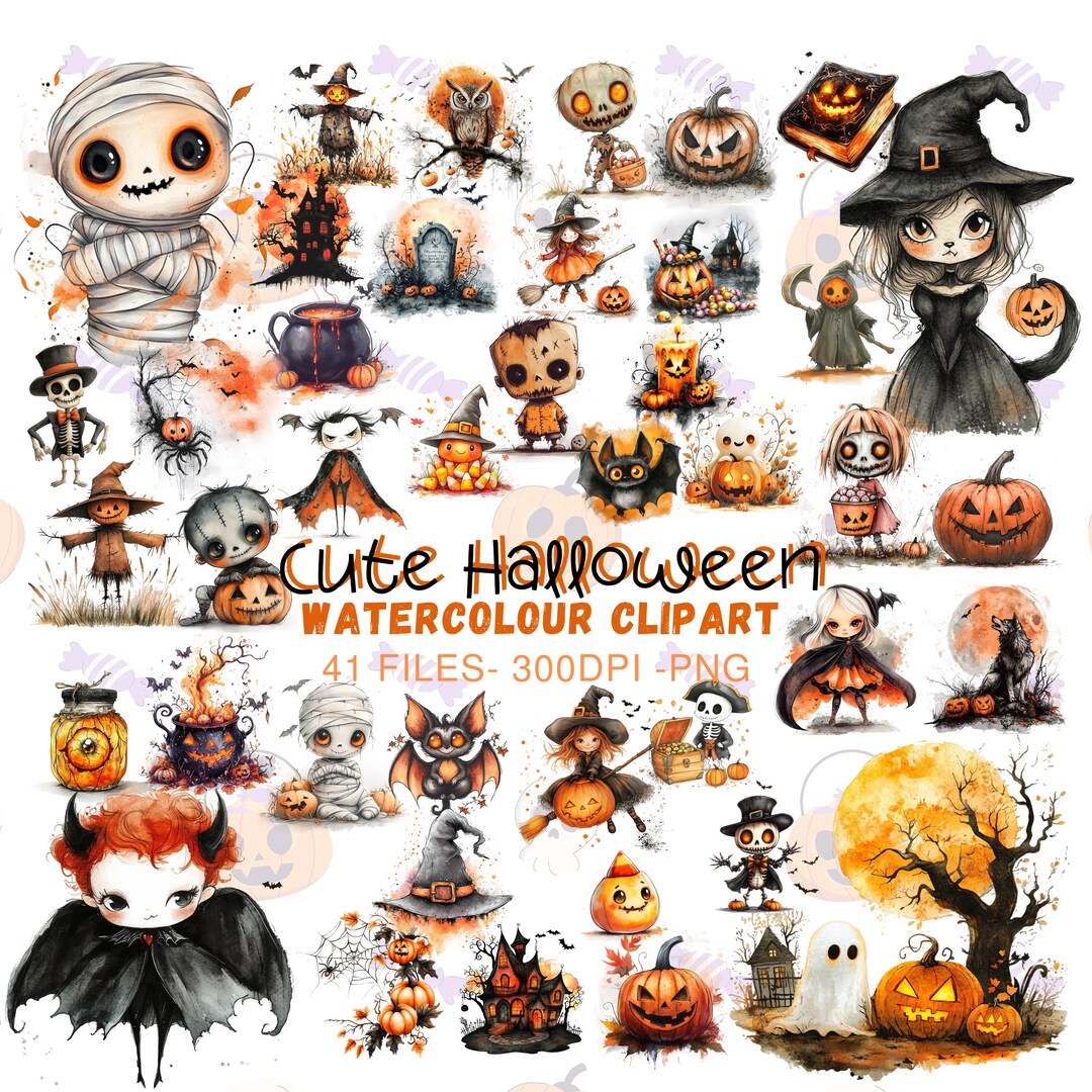 Watercolor Cute Halloween Clipart Bundle, Spooky Clip Art, Pumpkin ...