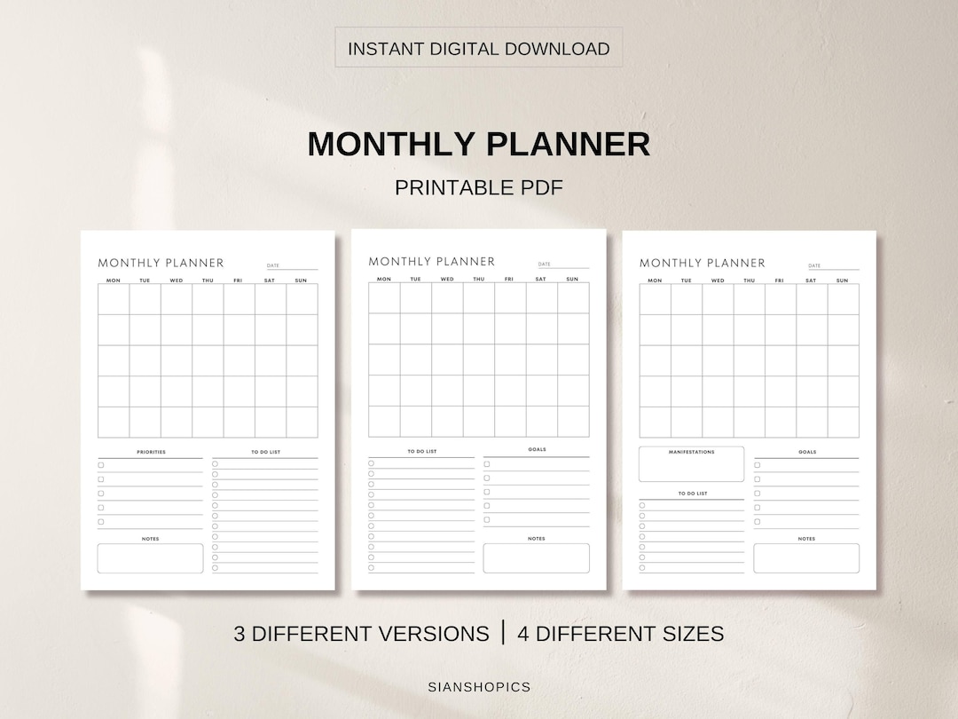 Monthly Planners Calendar Printable, Instant Download PDF, Planner ...